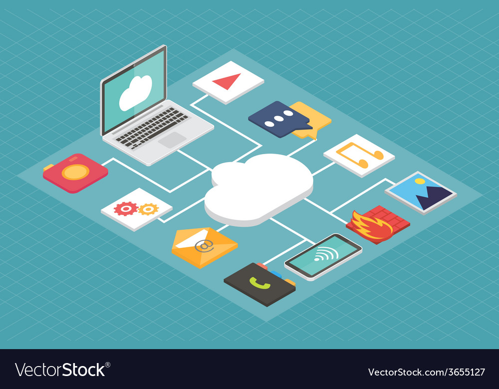 Cloud service concept isometric flat Royalty Free Vector