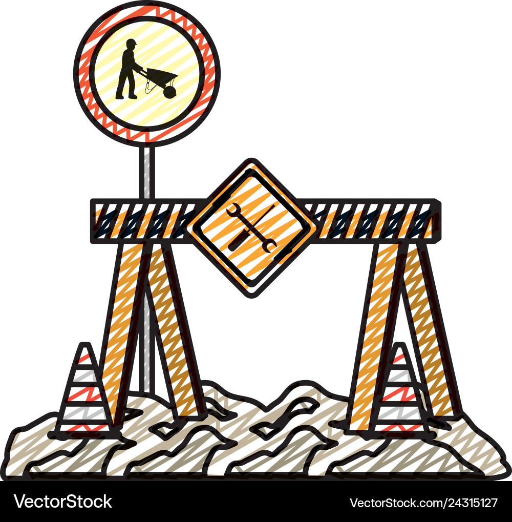 Doodle caution barrer with repair symbol Vector Image