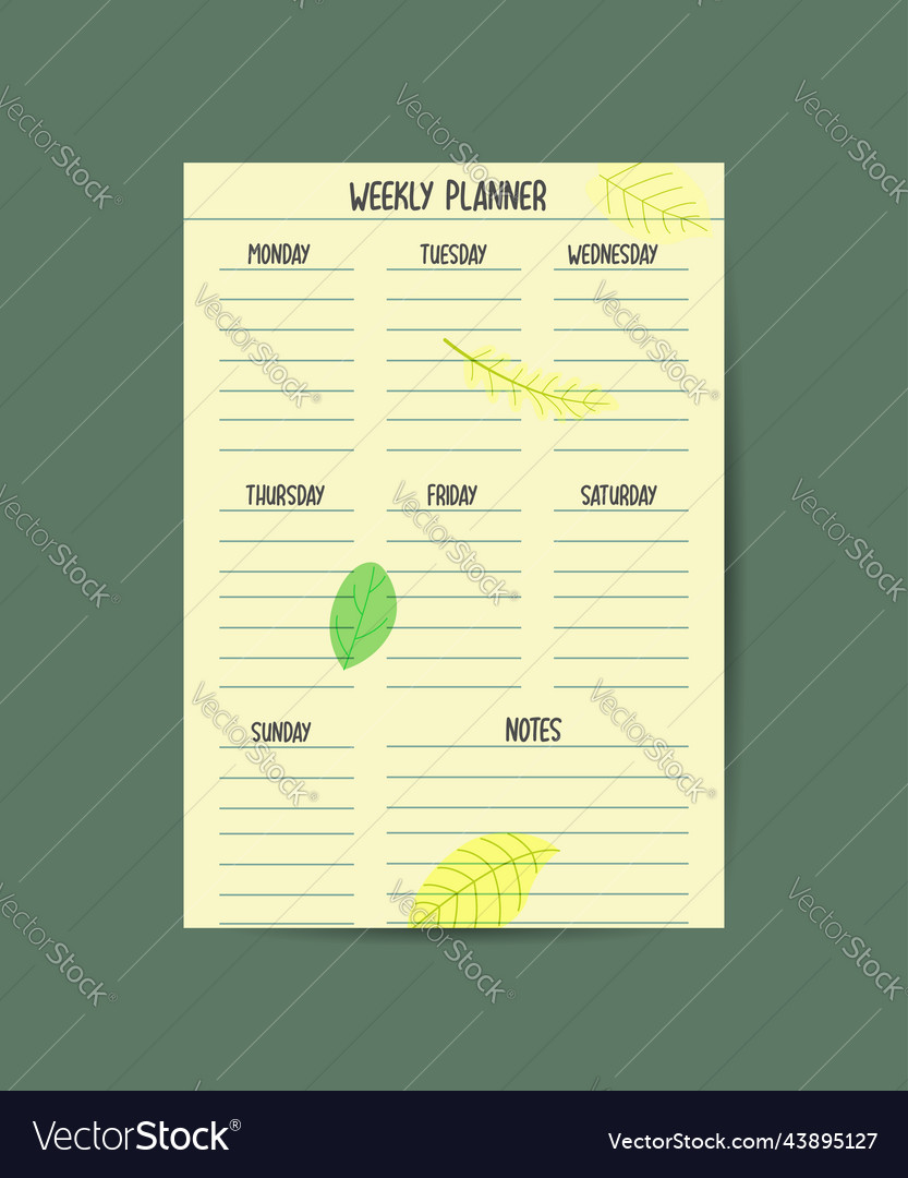 Green weekly planner design template elegant Vector Image