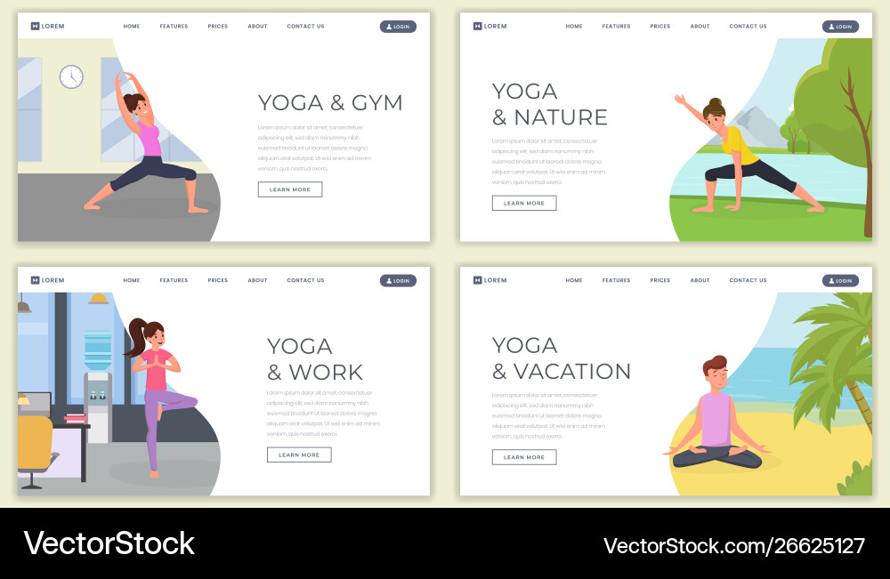 Yoga flat landing page template set Royalty Free Vector