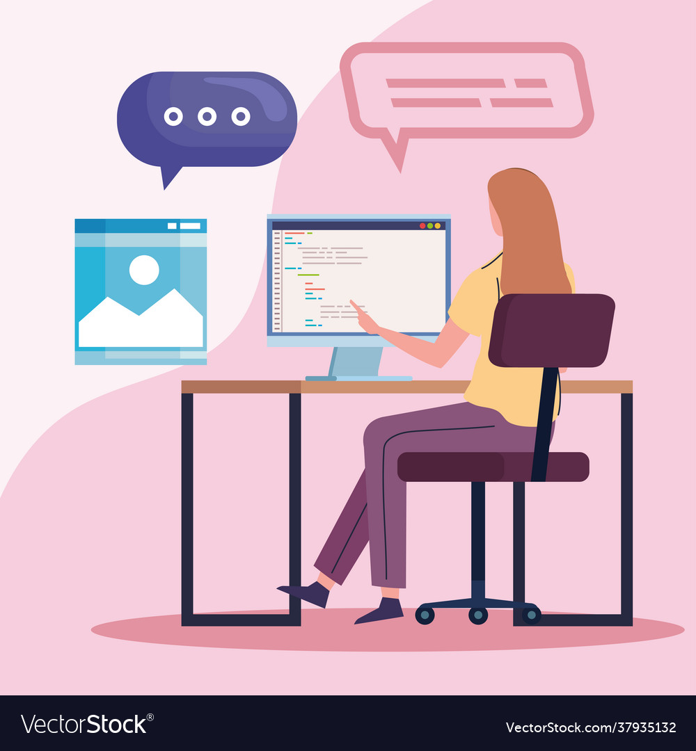 Female programmer computer in workplace Royalty Free Vector