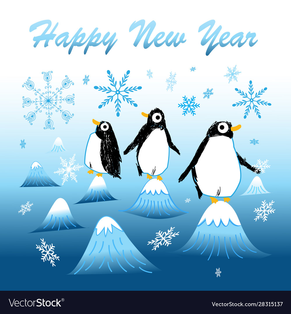 New year greeting card with funny penguins Vector Image