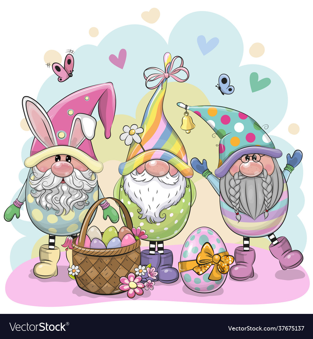 Three cute cartoon easter gnomes Royalty Free Vector Image