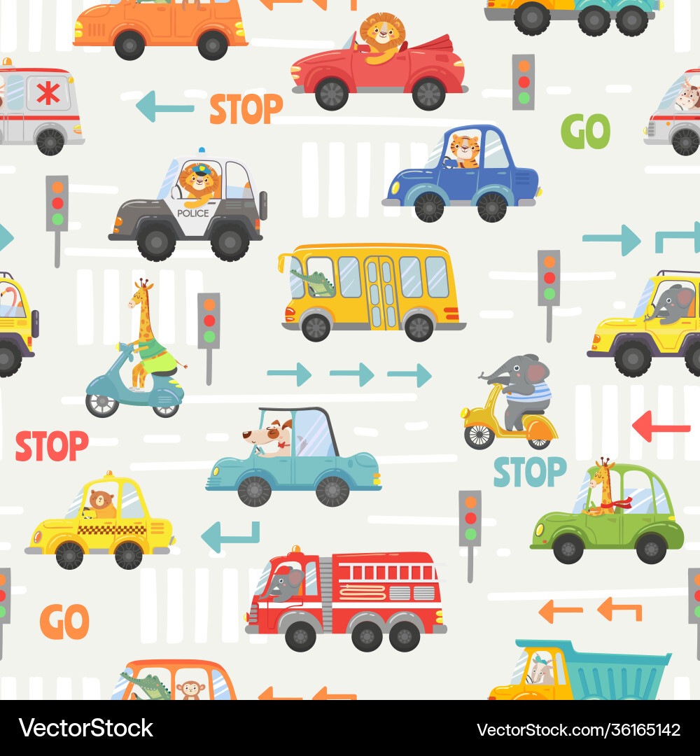 Animals in transport seamless pattern kid cartoon Vector Image