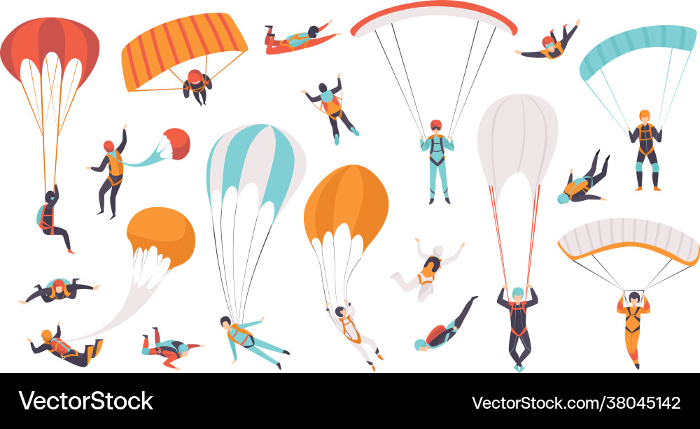 Skydivers flying with parachutes set extreme Vector Image