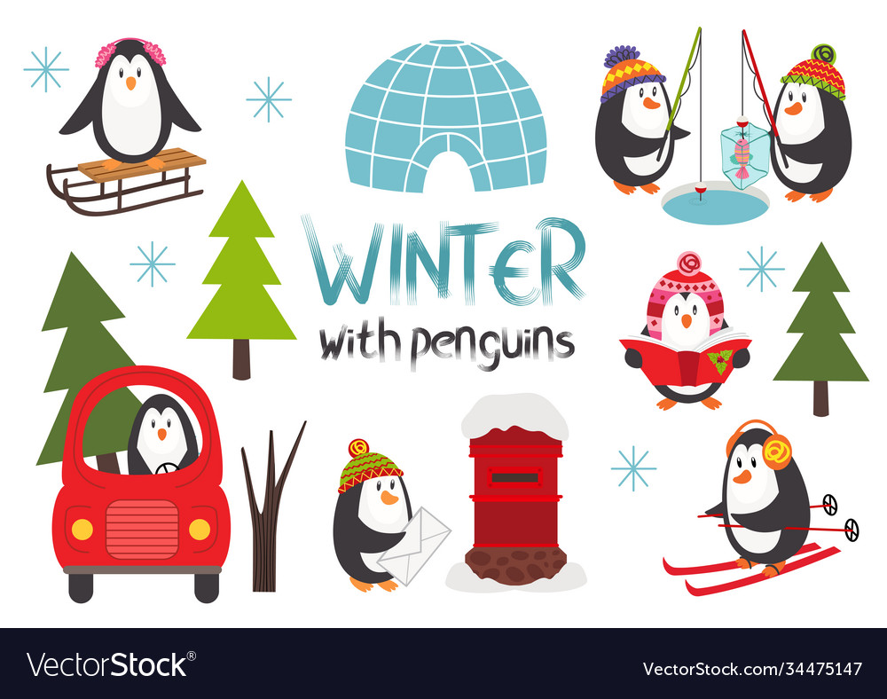 Set isolated cute penguins in winter part 2 Vector Image