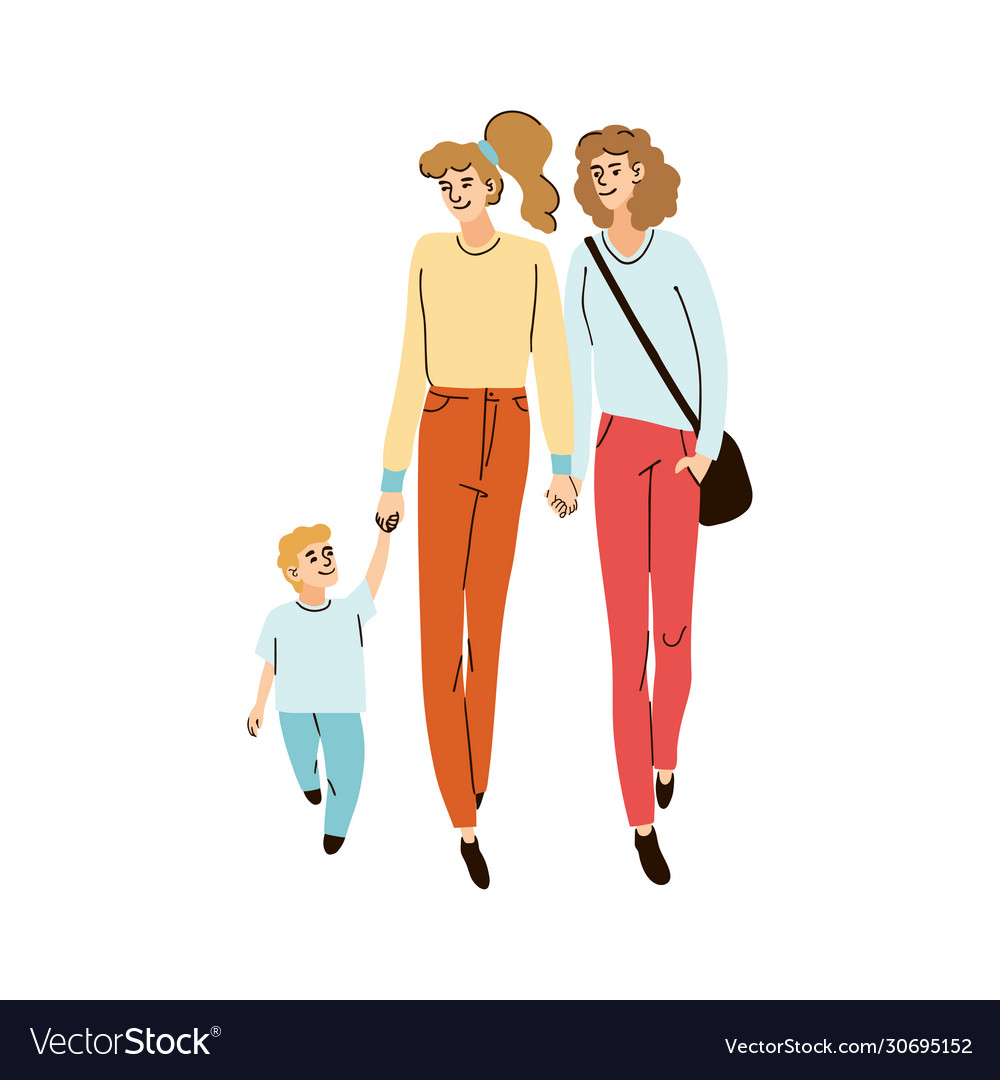 Young family two moms and son together walking Vector Image