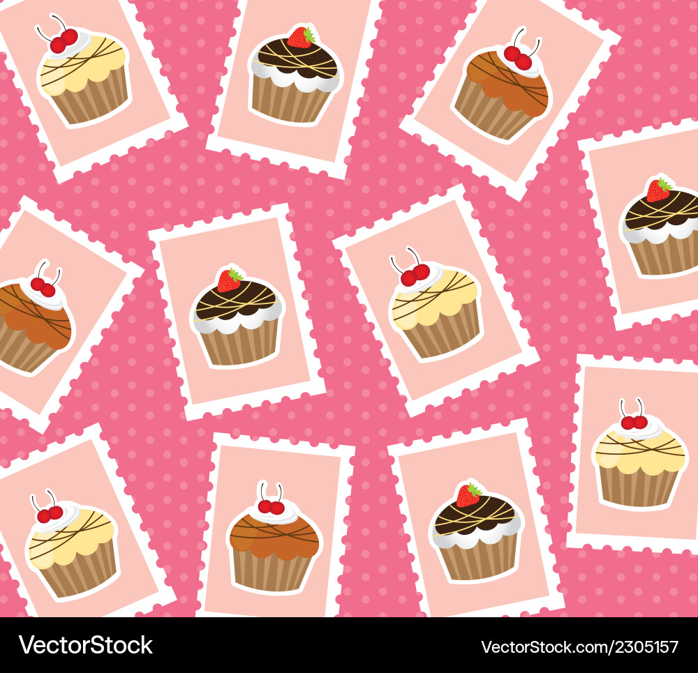 Cute cup cake postage stamps over pink background Vector Image