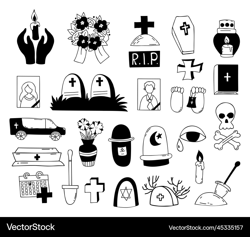 Death and funeral collection doodles Royalty Free Vector
