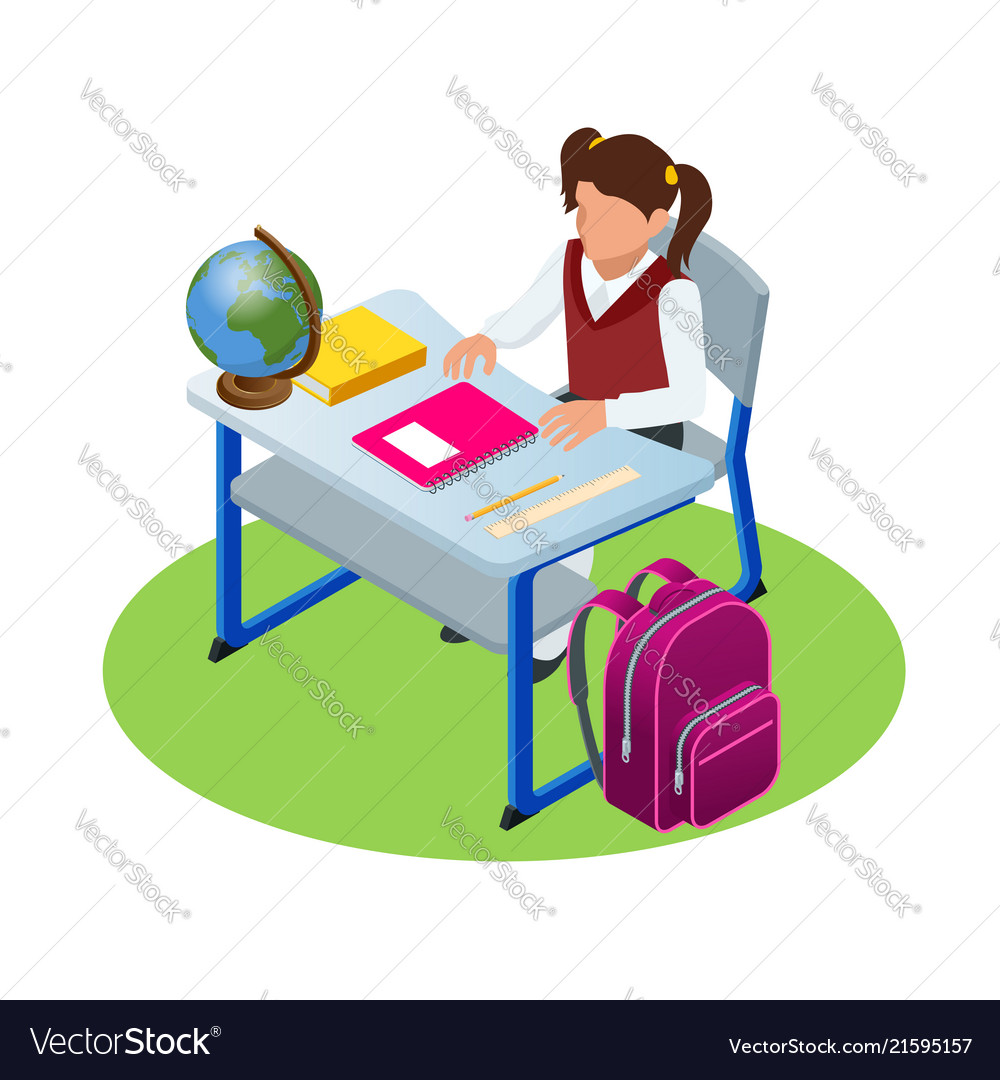 Isometric education concept girl makes a homework Vector Image