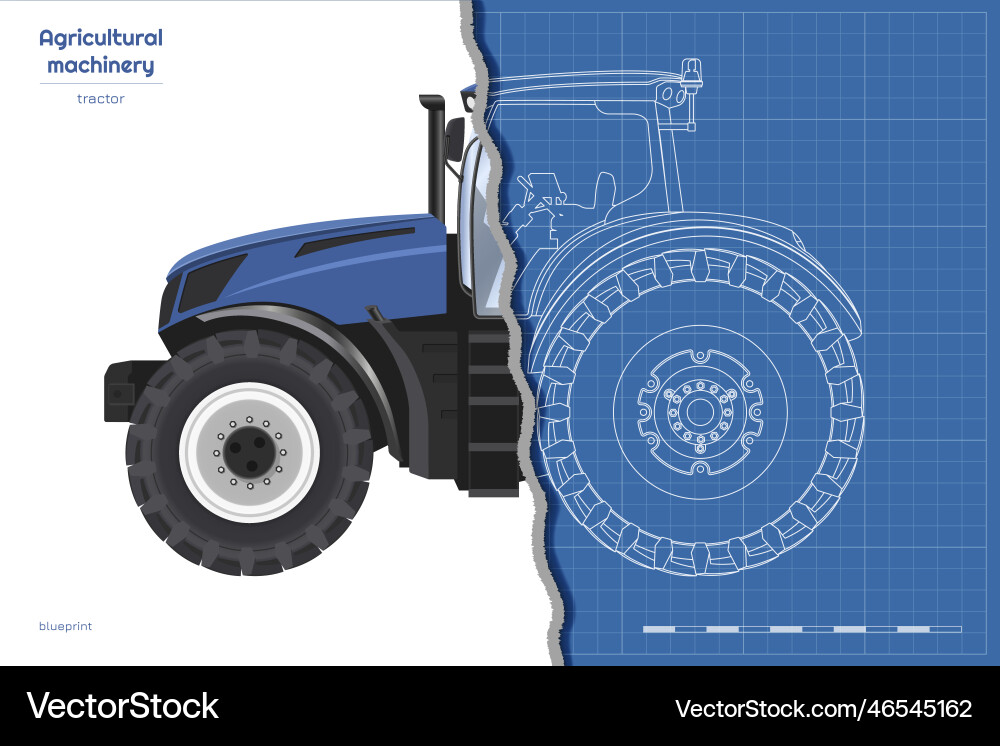 Blue tractor drawing isolated agricultural Vector Image