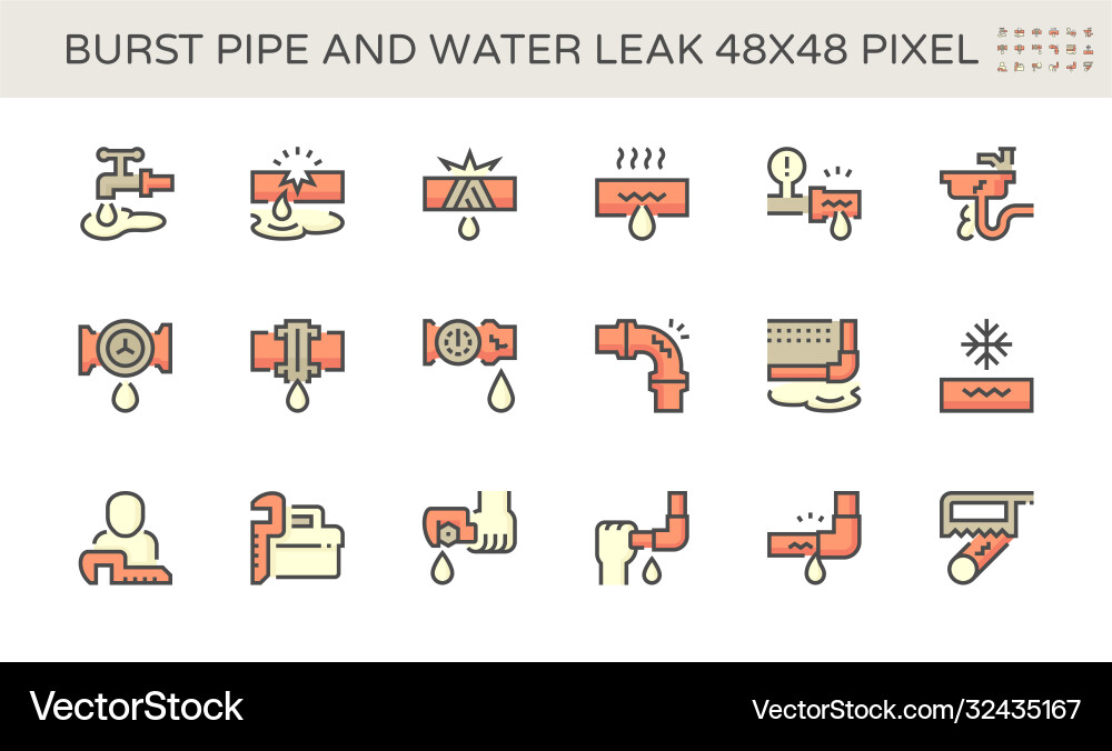 Burst pipe and water leak icon set design 48x48 Vector Image