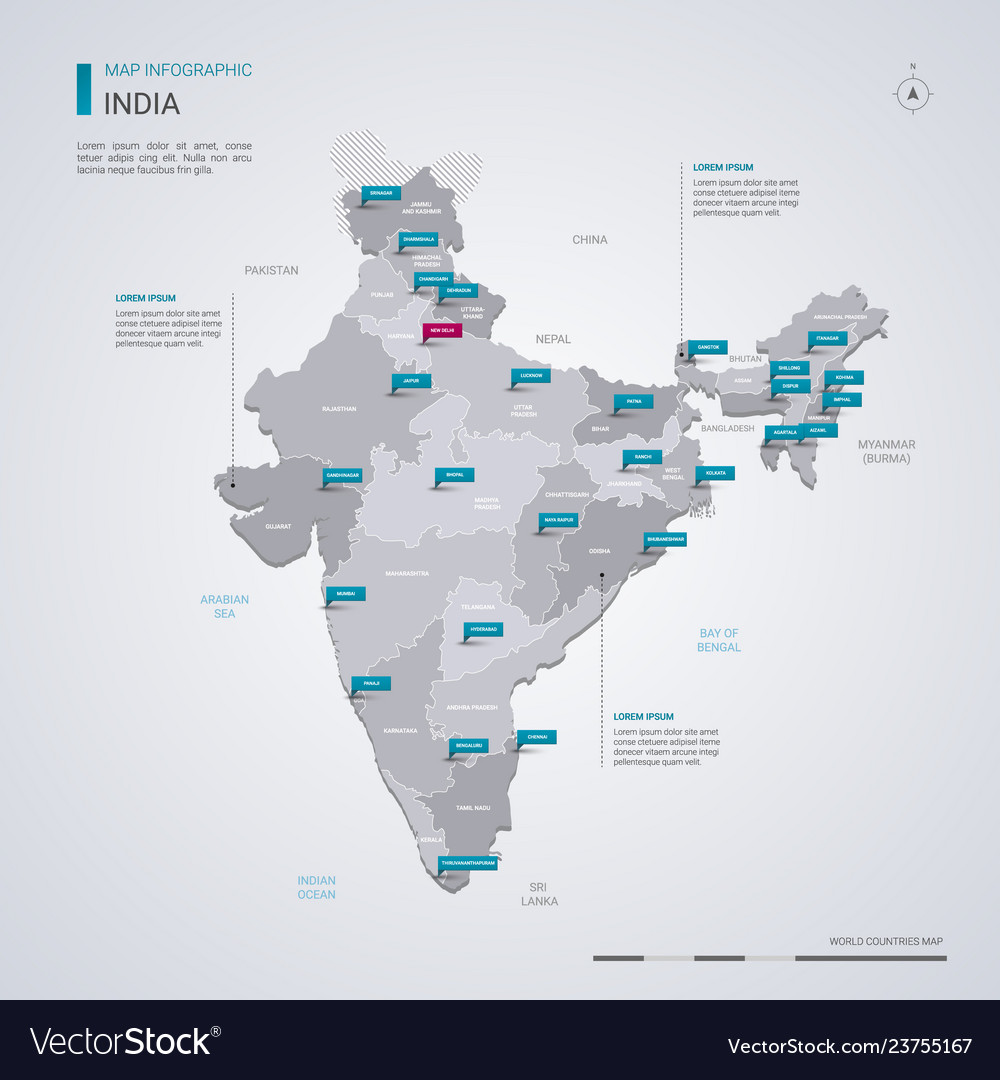 India map with infographic elements pointer marks Vector Image