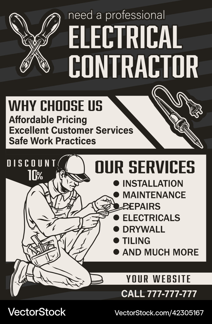 Monochrome poster design with electrician Vector Image