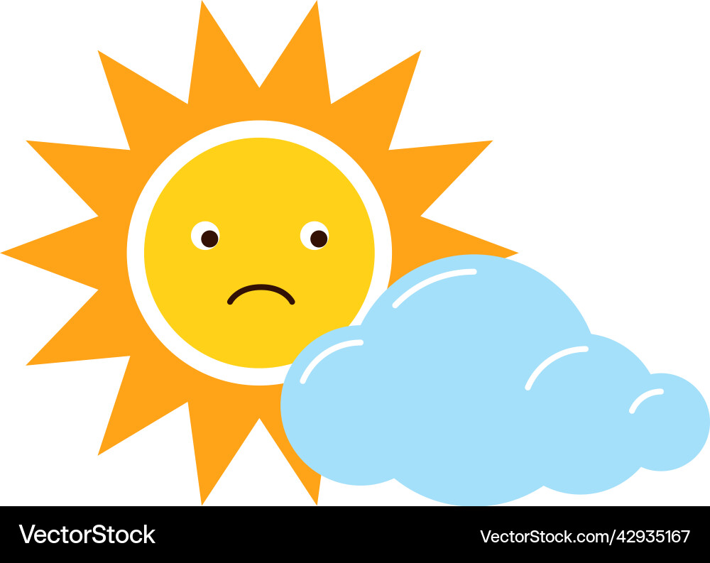 Sun hiding behind cloud sad emoticon upset emoji Vector Image