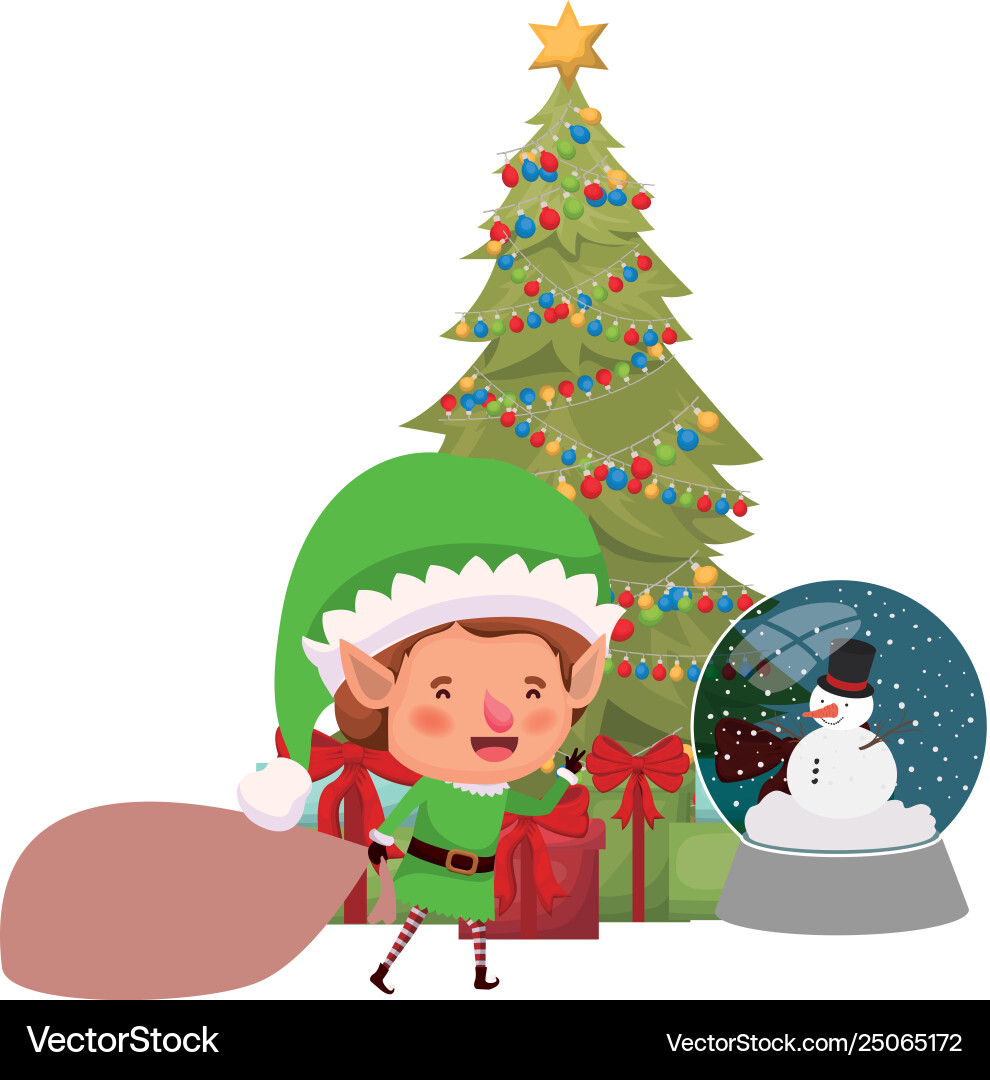 Elf with gift bag and christmas tree avatar Vector Image