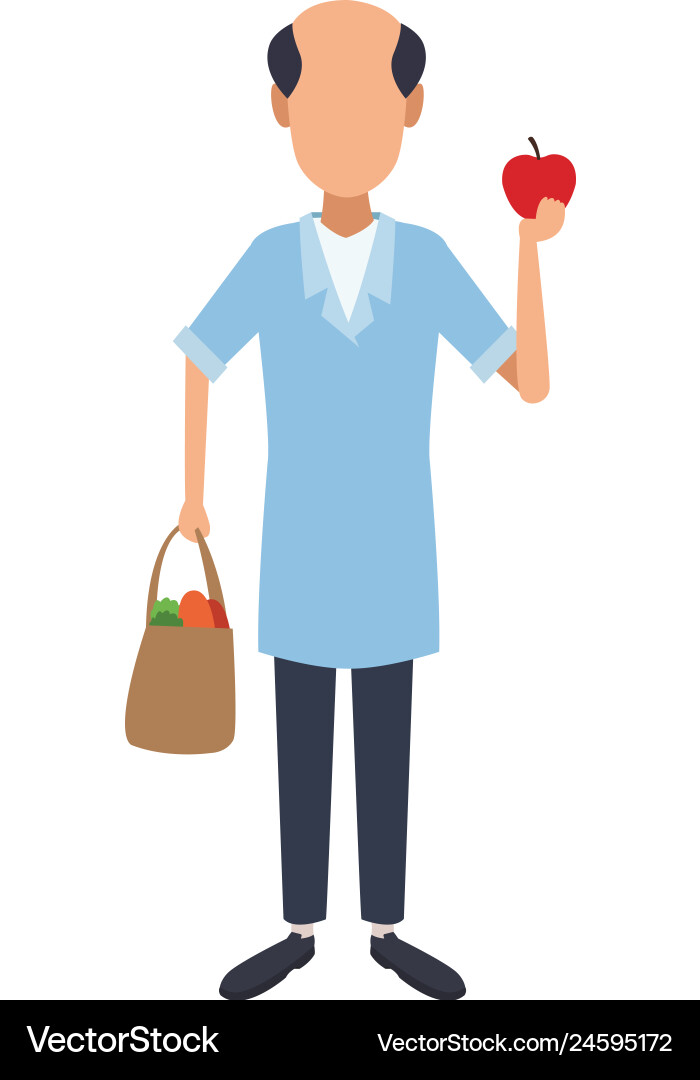 Shopkeeper with apple and bag Royalty Free Vector Image