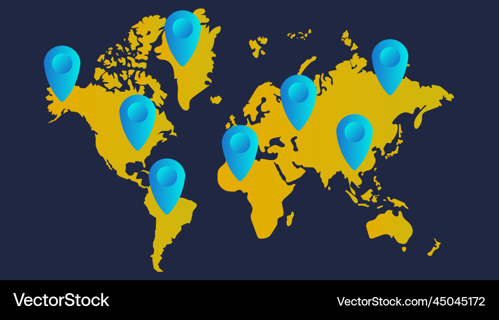 Yellow world map and blue pin on dark Royalty Free Vector