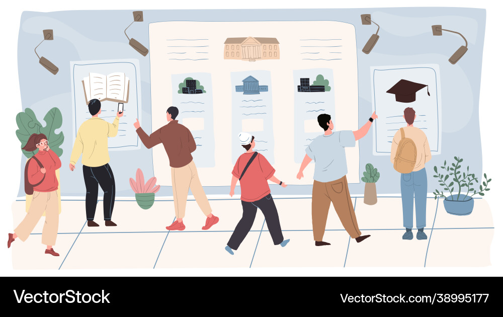 Cartoon flat student characters at bulletin board Vector Image