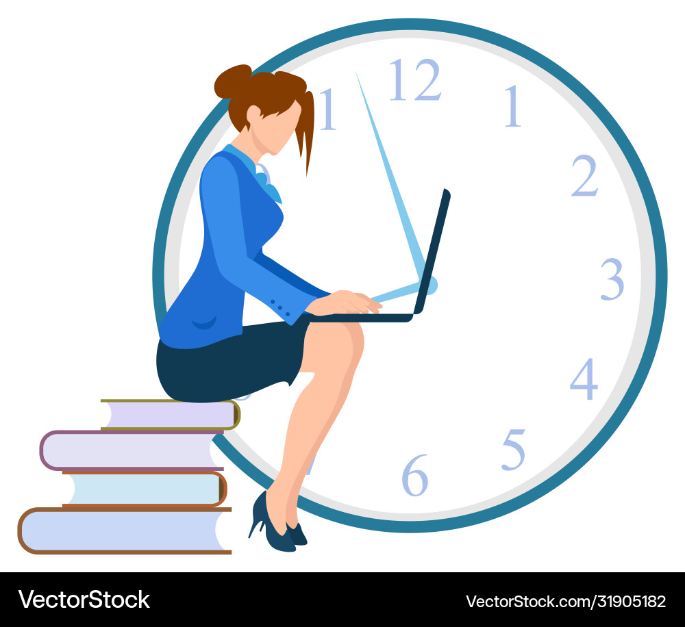 Freelancer woman working on laptop deadline clock Vector Image