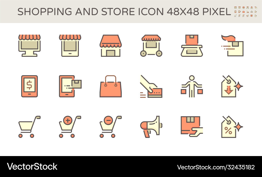 Einkaufen und speichern Sie Front-Icon-Set Design 48x48