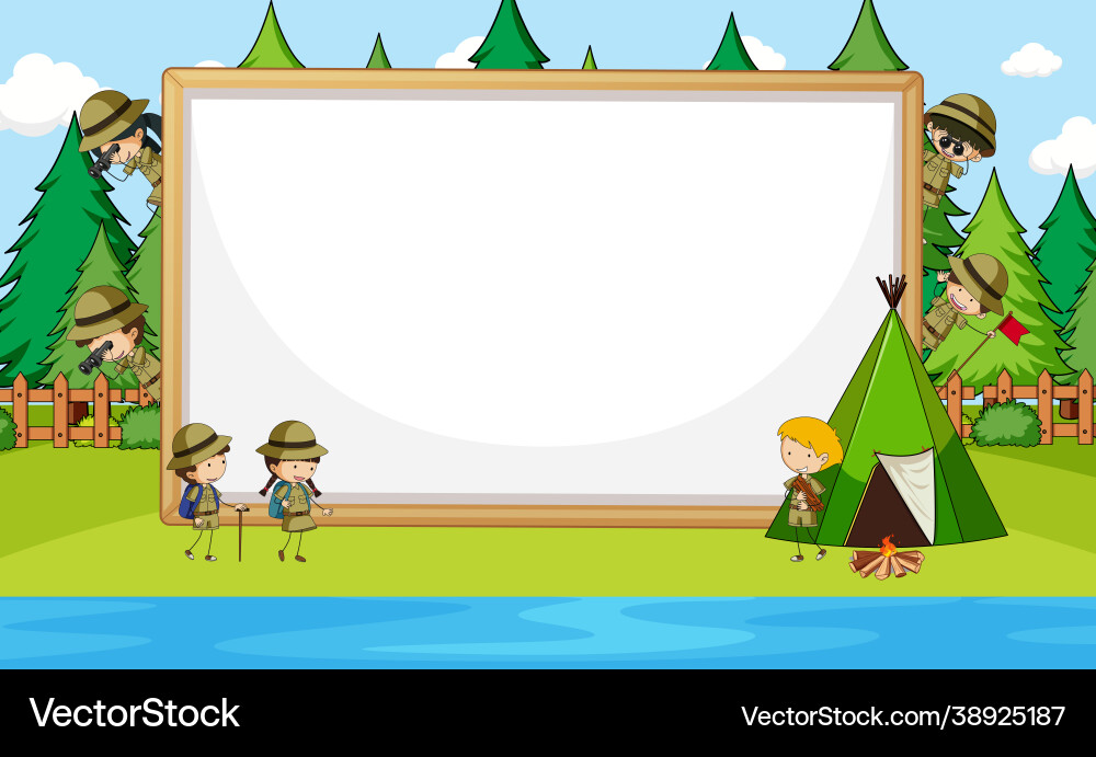 Empty banner with many kids in scout theme Vector Image