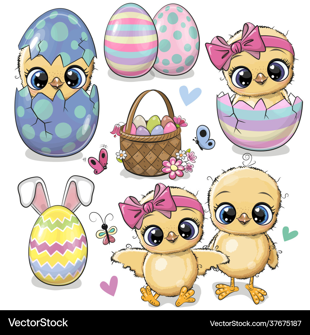 Set with eggs and cute cartoon chickens Royalty Free Vector