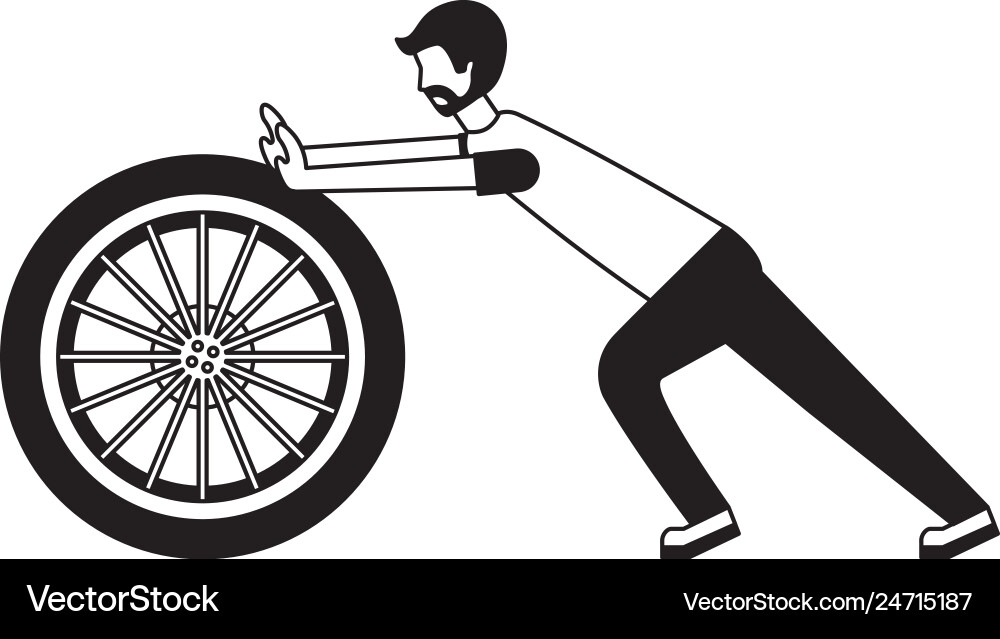 Young man pushing tire car isolated icon Vector Image