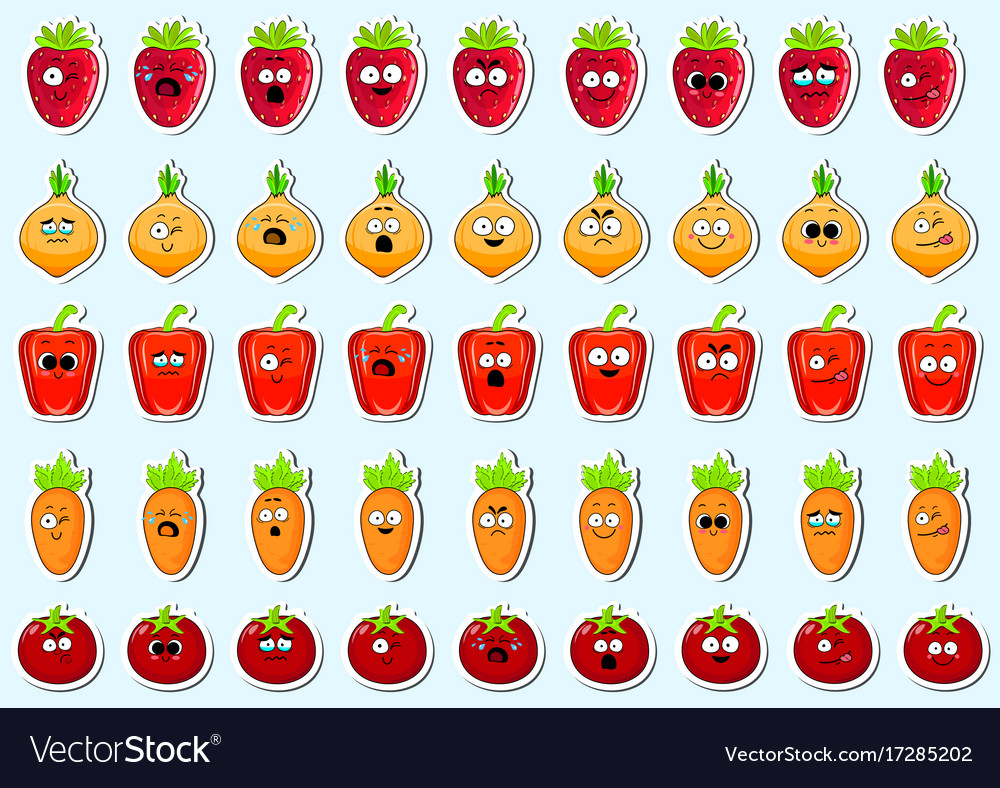 Cartoon vegetables cute character face sticker Vector Image