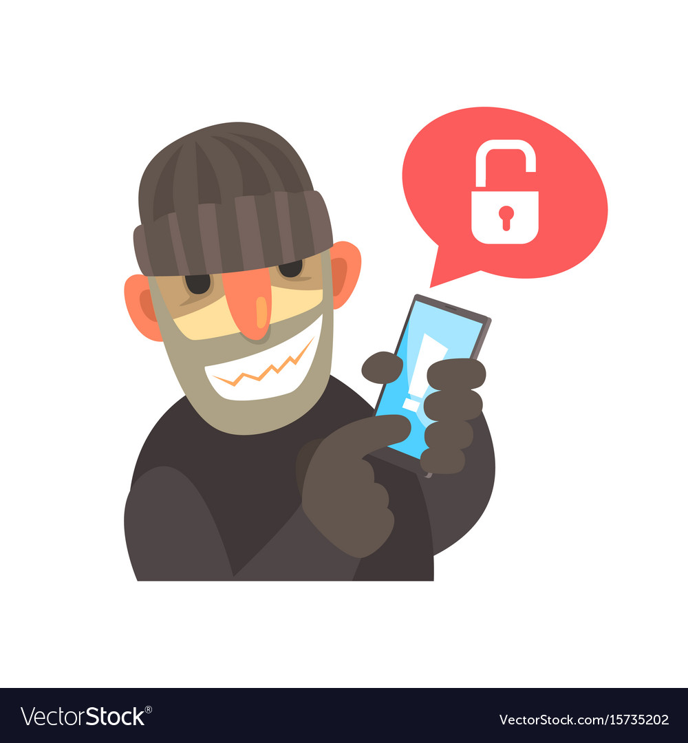 Smiling cartoon hacker holding a hacked smartphone