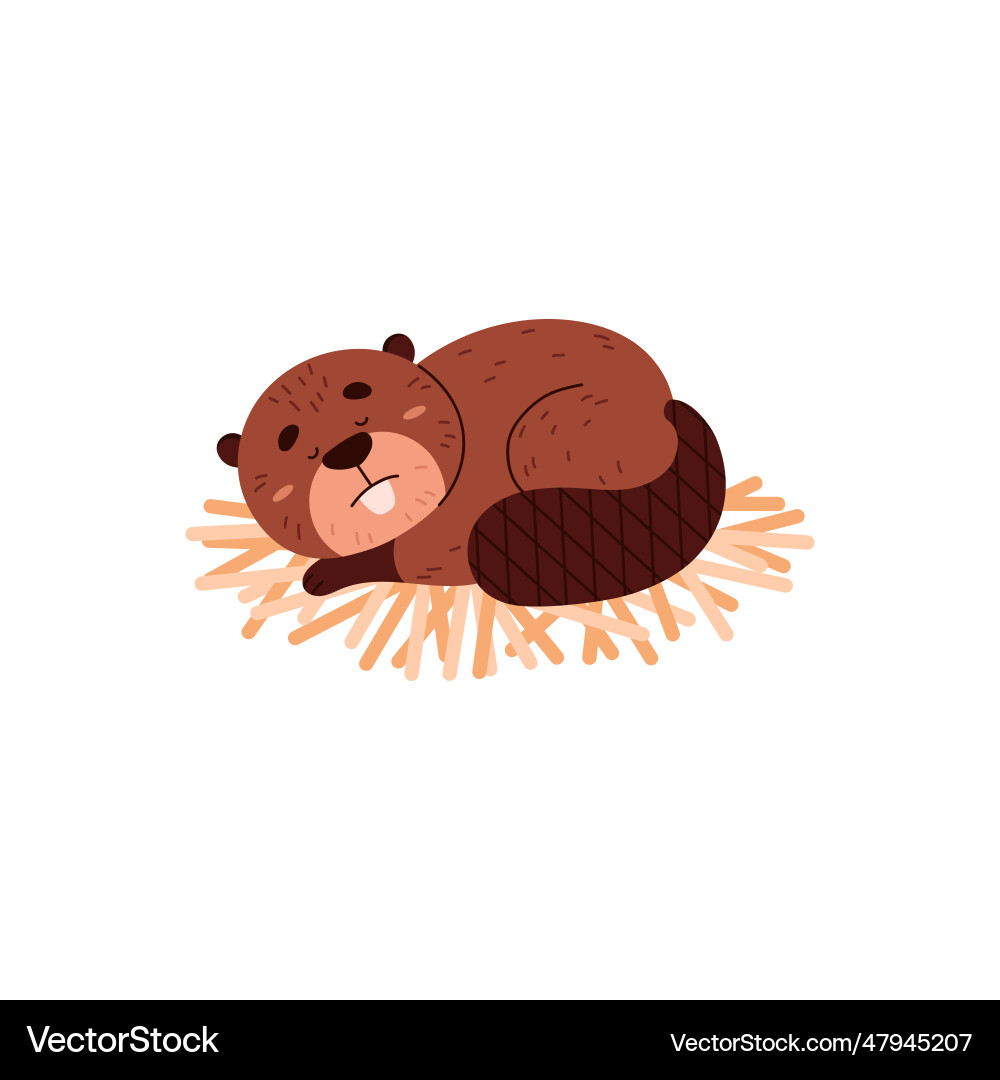 Cute beaver sleeping on wood cartoon flat Vector Image