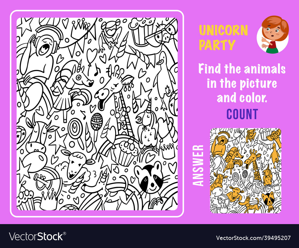 Find animals in unicorn party games for children Vector Image