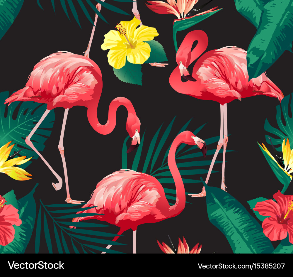 Flamingo bird and tropical flowers background Vector Image