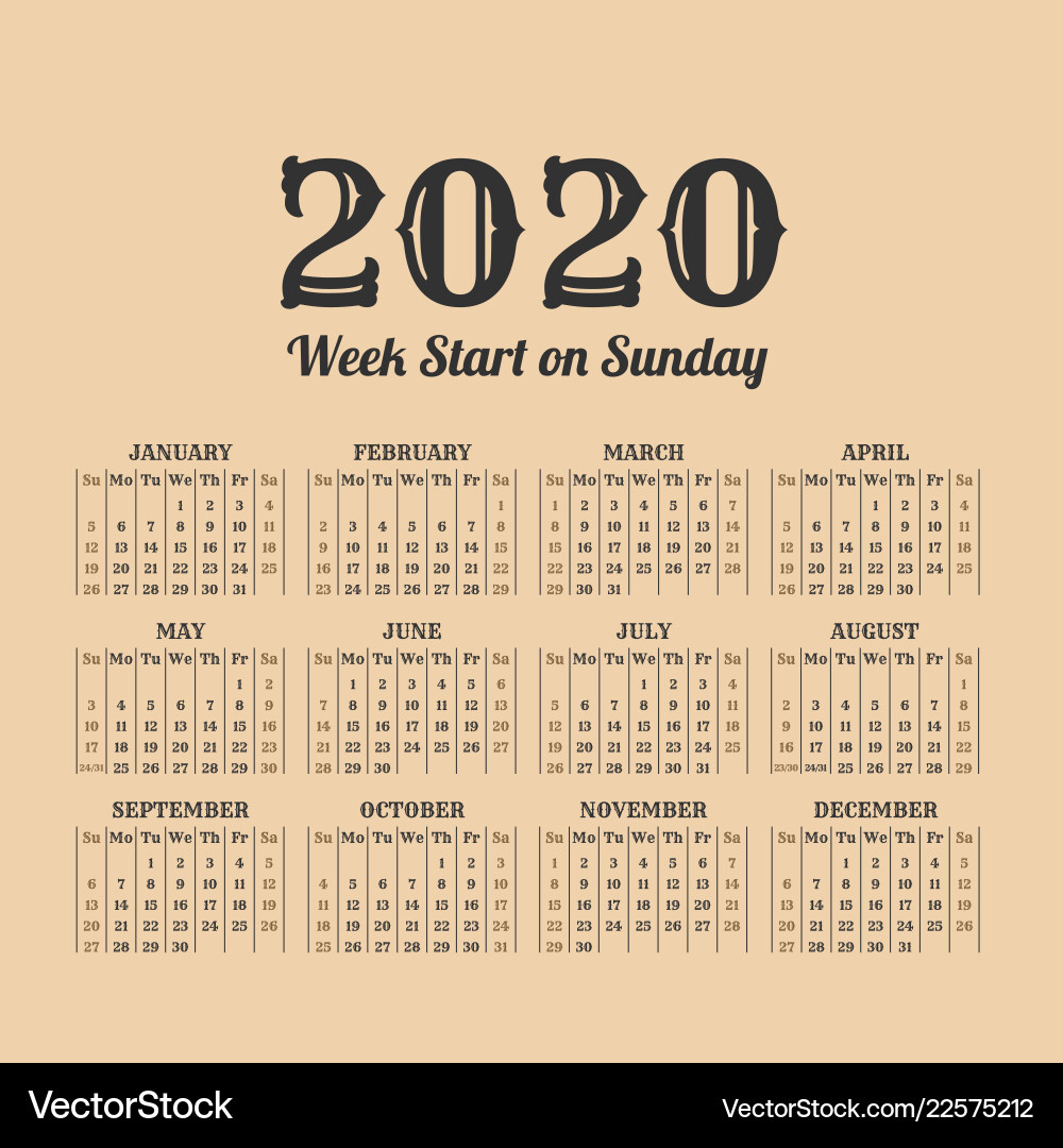 2020 Calendar - Vintage Style Weekly Dates Vector Image