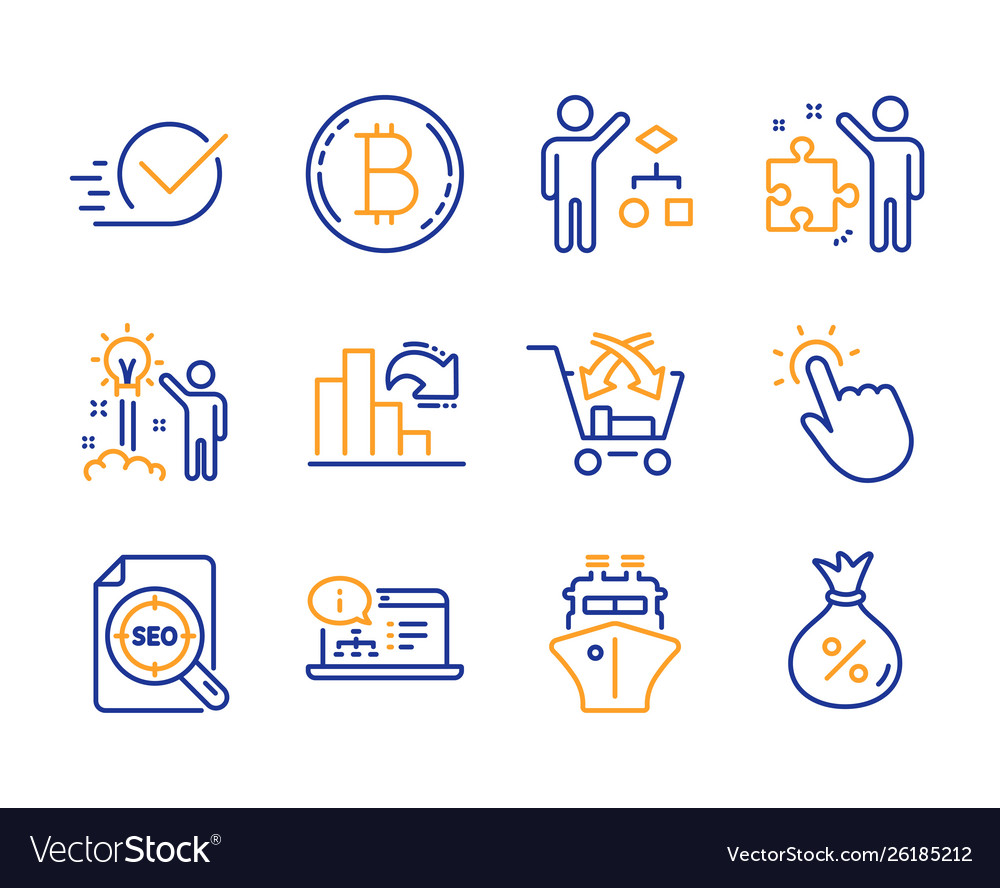 Decreasing graph bitcoin and algorithm icons set Vector Image
