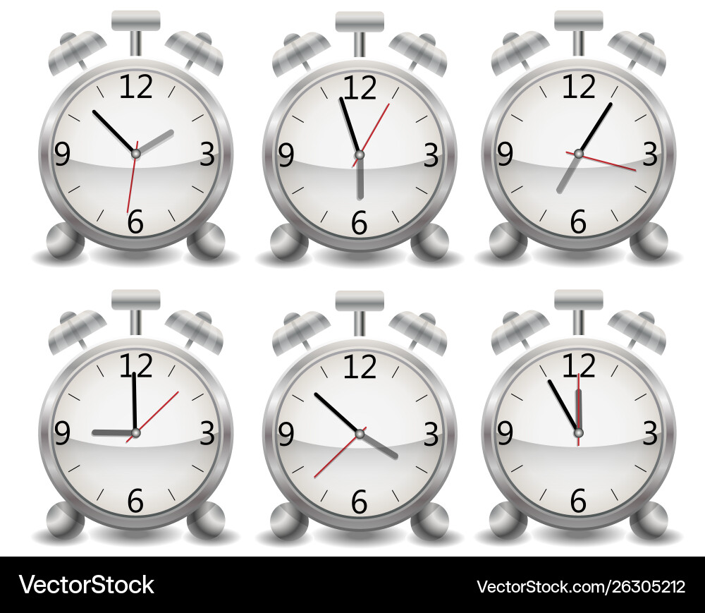 Set metal mechanical realistic alarm clock Vector Image