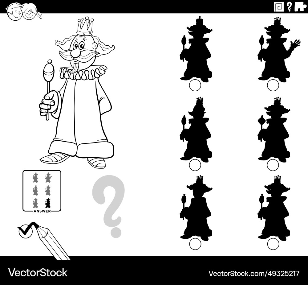 Shadows game with cartoon king character coloring Vector Image