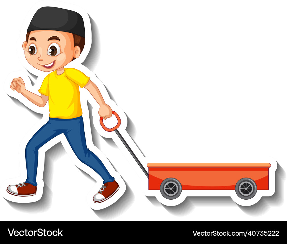 A muslim boy pulling cart cartoon character Vector Image