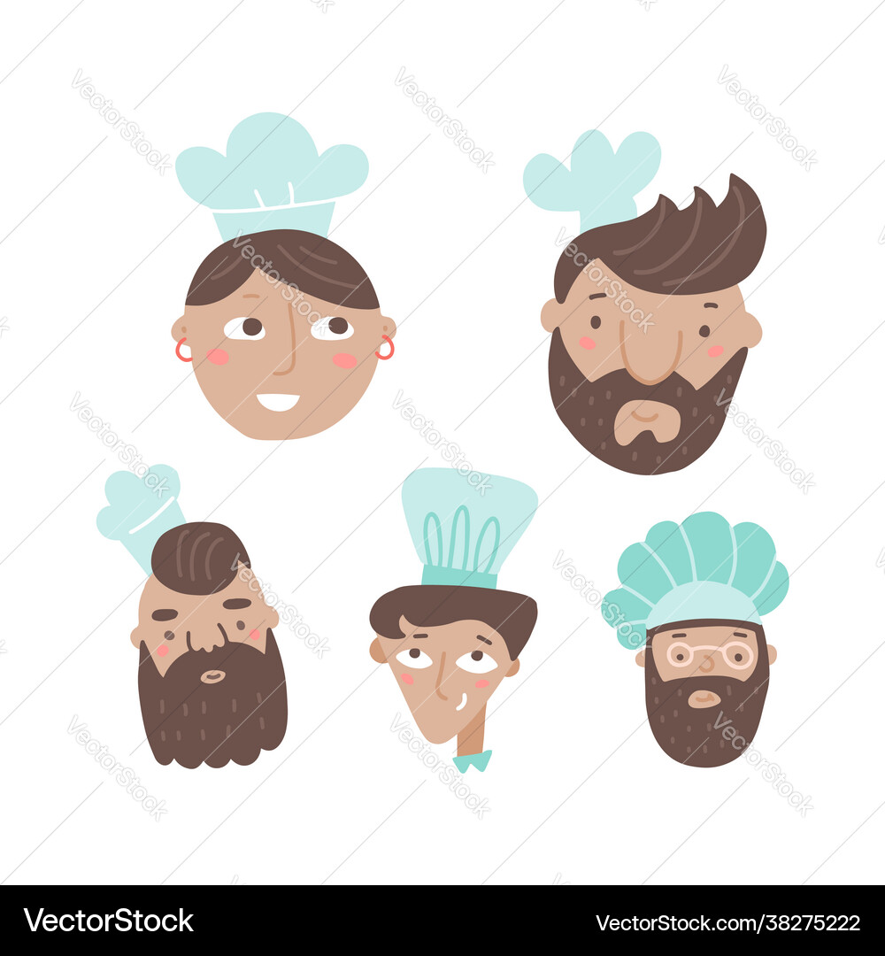 Set chef cooks cartoon faces handdrawn in flat Vector Image