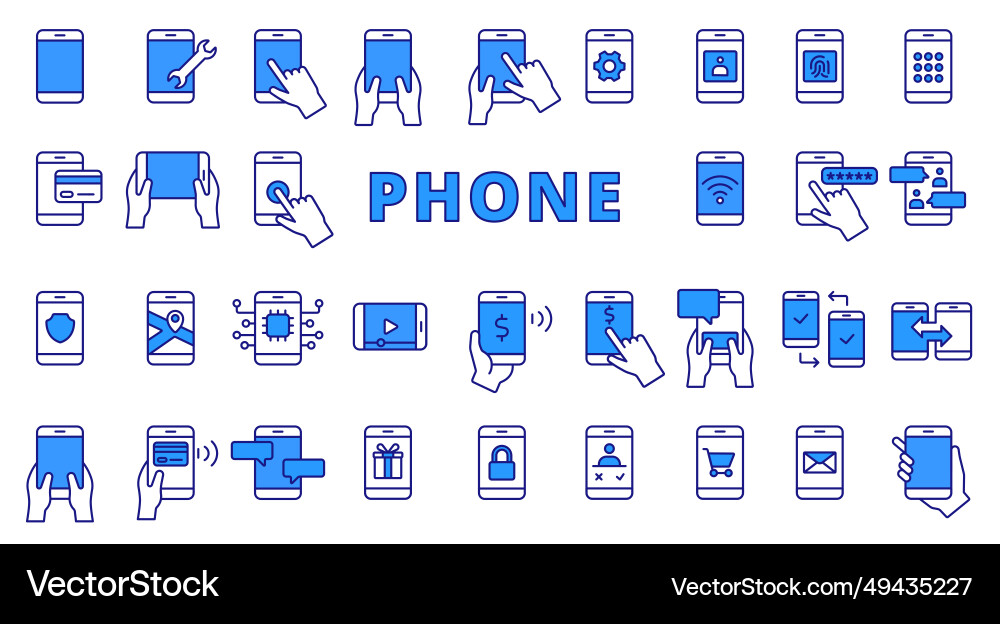 Phone in a hand icon set line design blue Vector Image