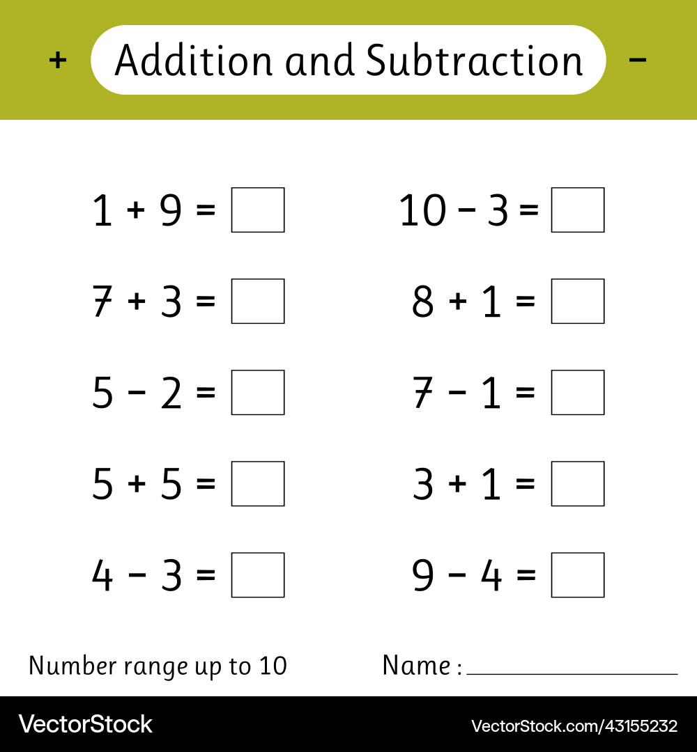Addition and subtraction number range up to 10 Vector Image