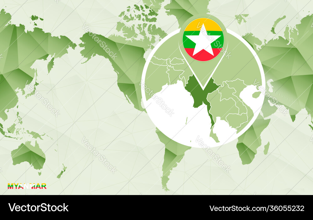 America centric world map with magnified myanmar Vector Image