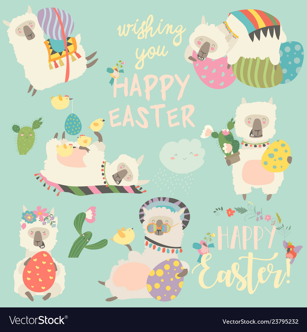 Cute llama or alpaca with easter eggs Royalty Free Vector