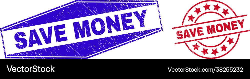 Save money rubber badges in circle and hexagon Vector Image