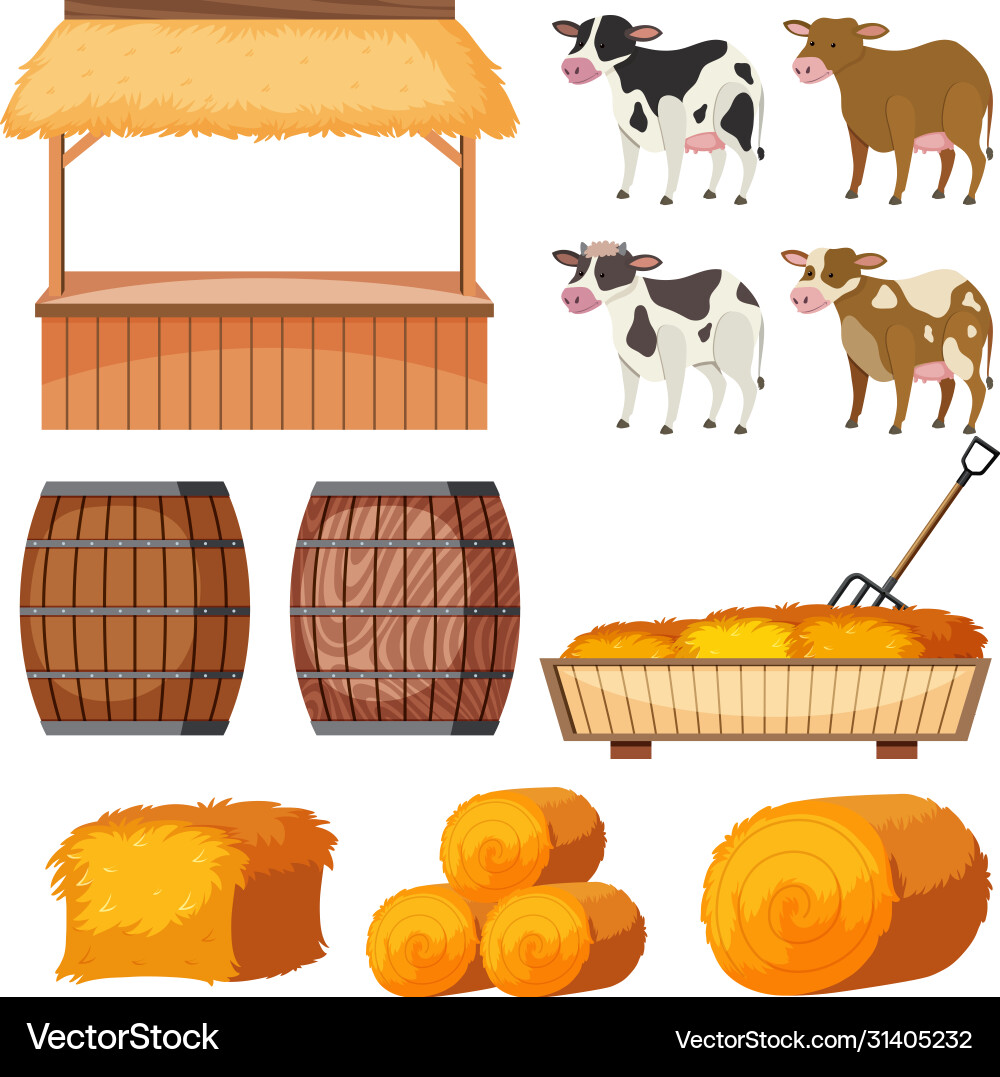 Set farm animals and hay on white background Vector Image