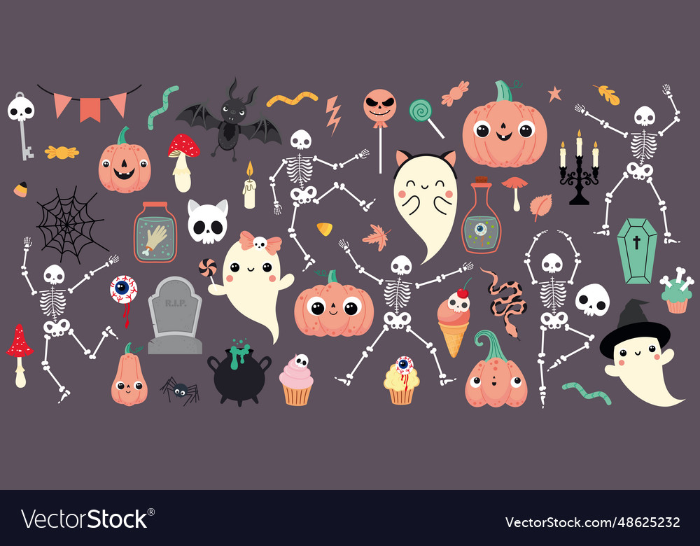 Set of elements for halloween with cute characters