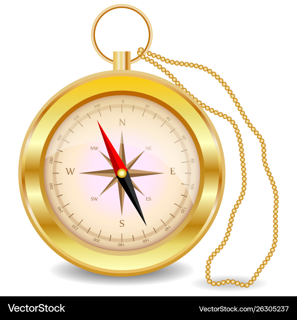 A golden compass with wind rose on gold chain Vector Image