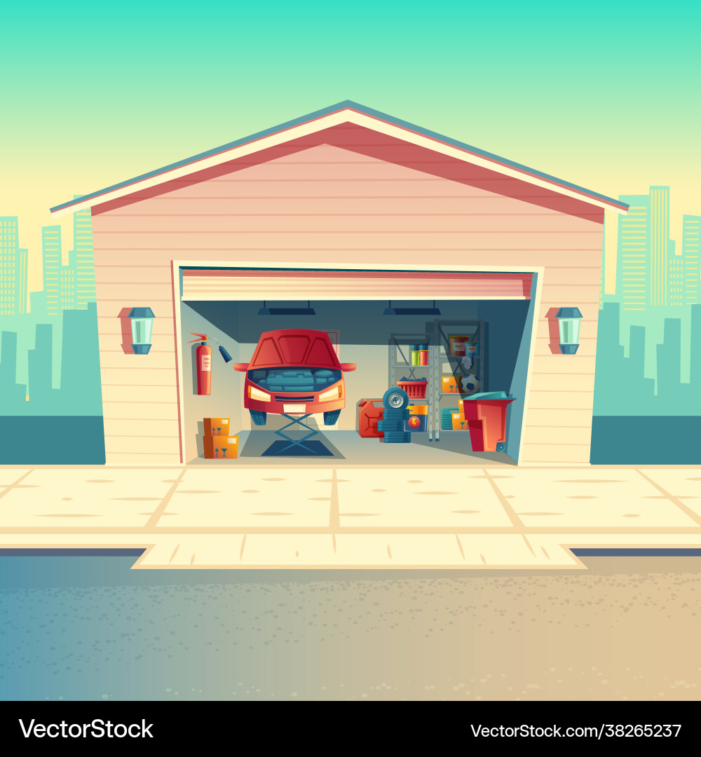 Cartoon mechanic workshop with car garage Vector Image