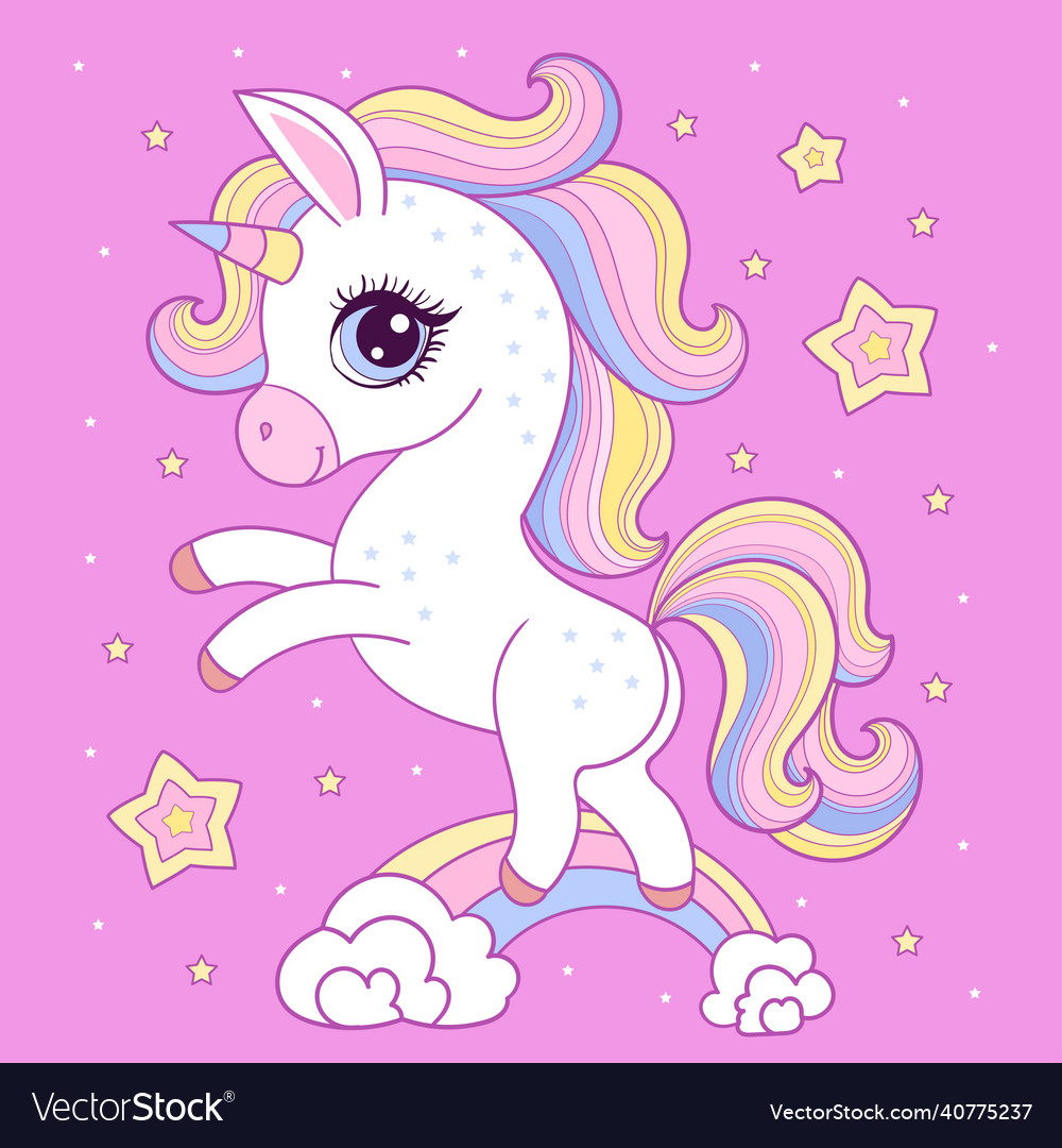 Cute little rainbow unicorn pony on a pink Vector Image