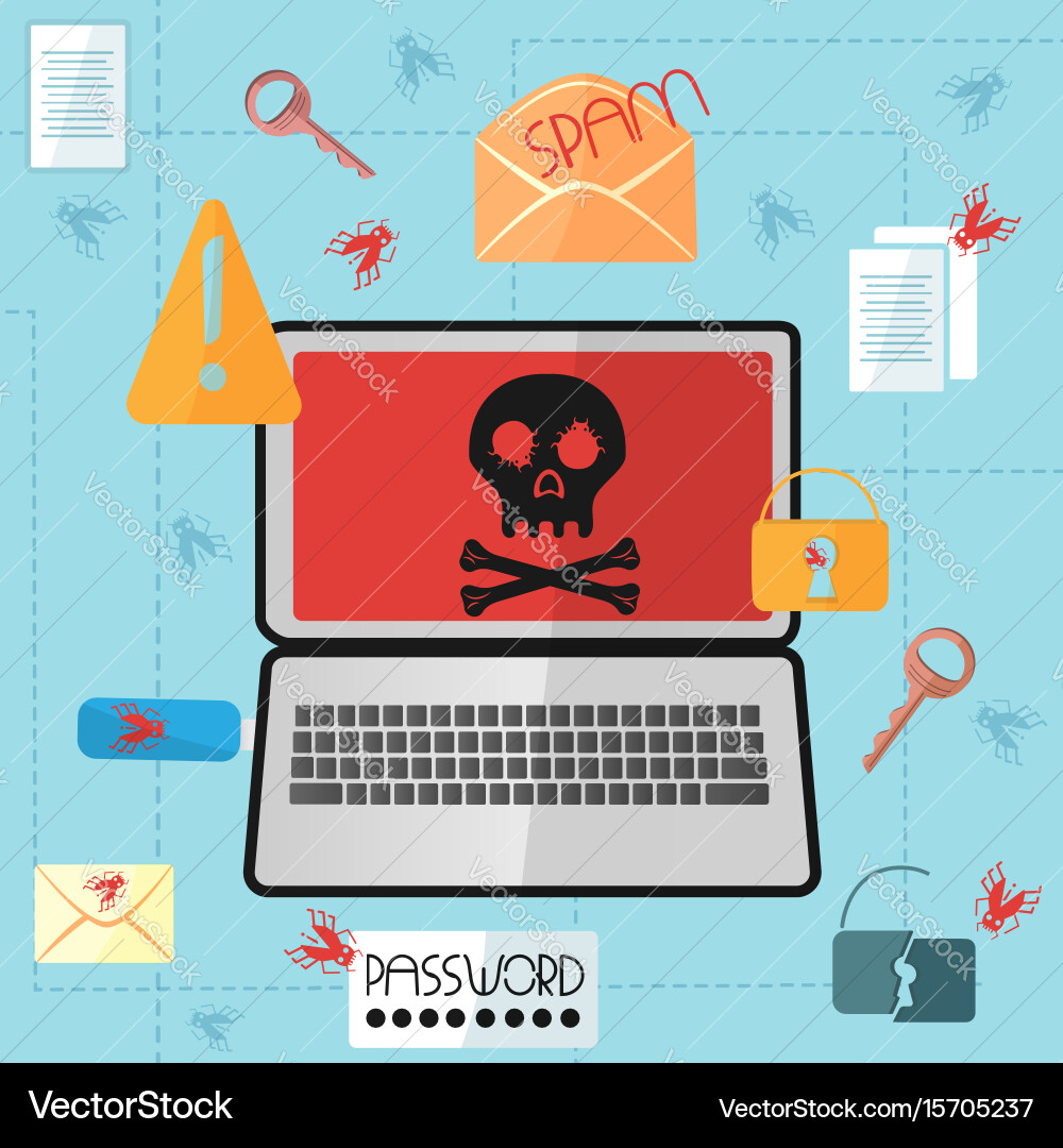Laptop with a skull on the screen in flat style Vector Image